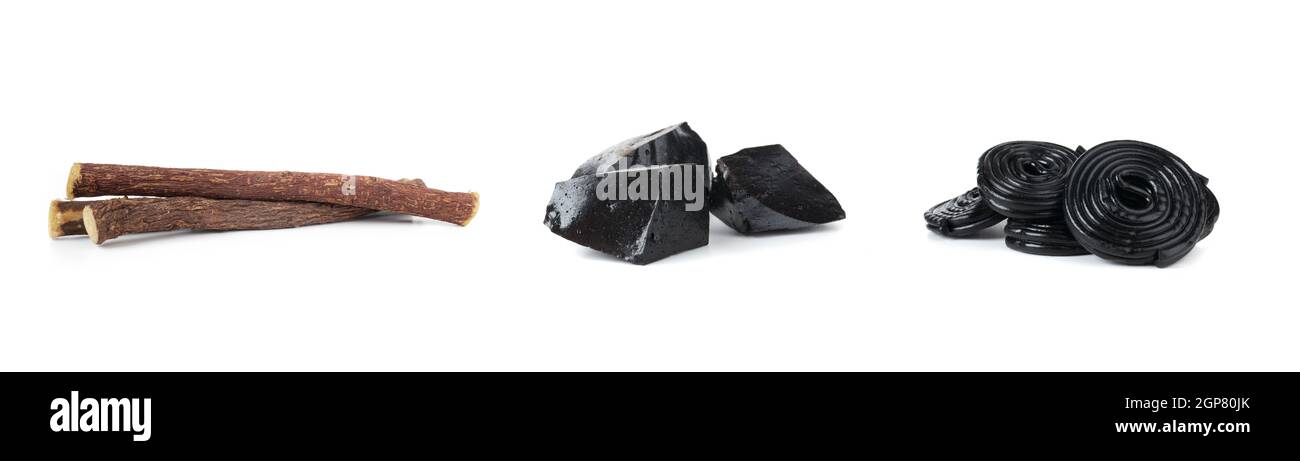 Production steps of licorice, roots, pure blocks and candy on white ...