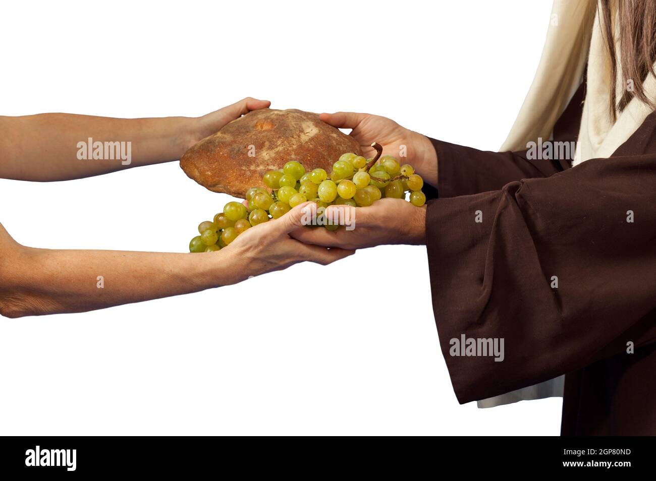 Jesus gives bread and grapes on white background Stock Photo - Alamy