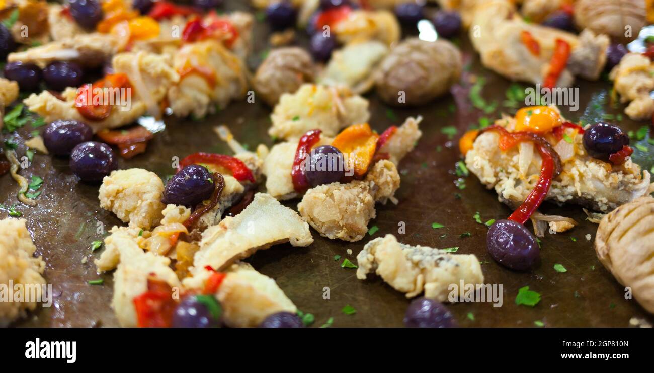 Cod with typical Portuguese recipe. Specialty seafood sold as street ...