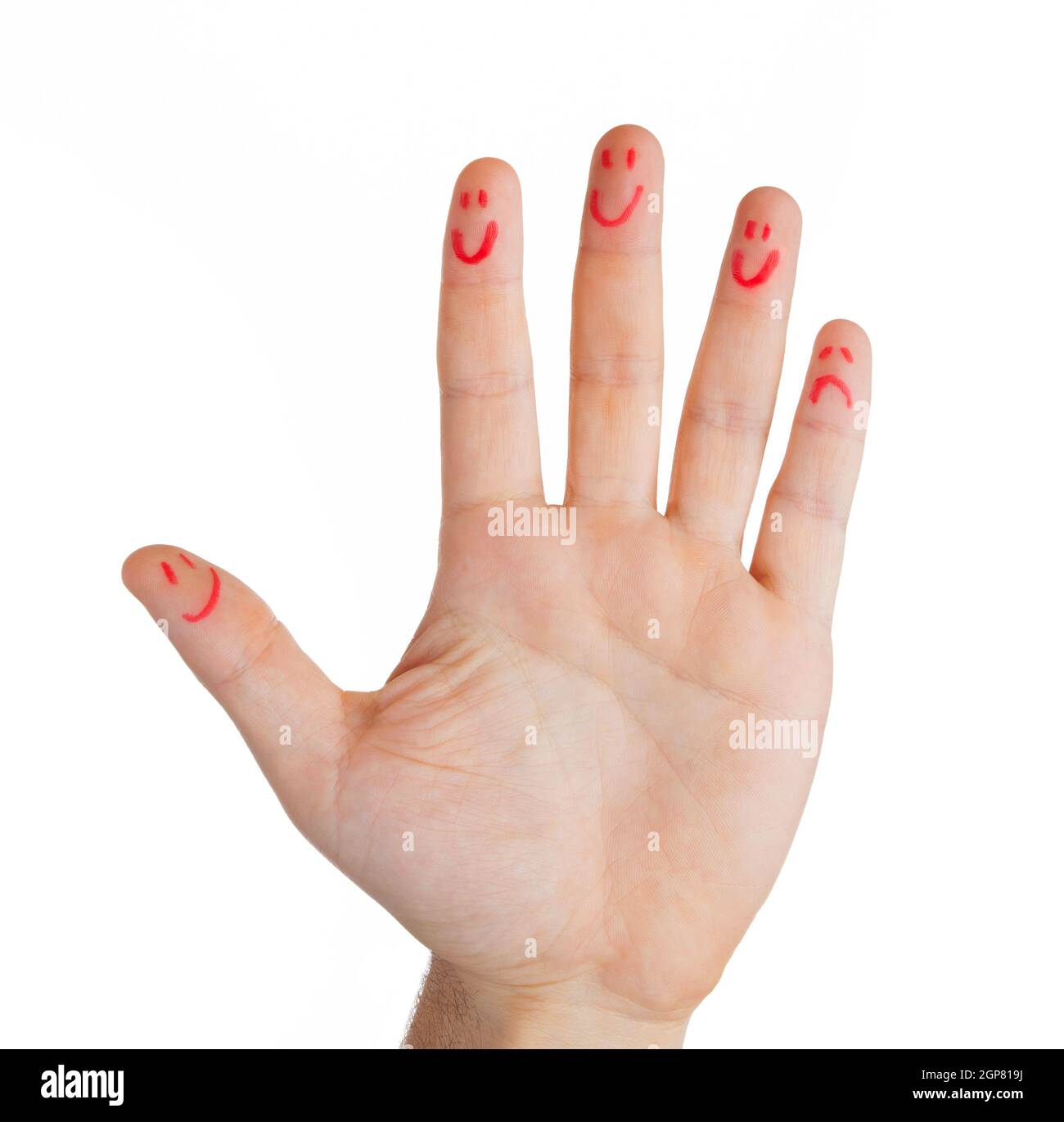Hand with fingers smileys, except one finger sad, isolated on white ...