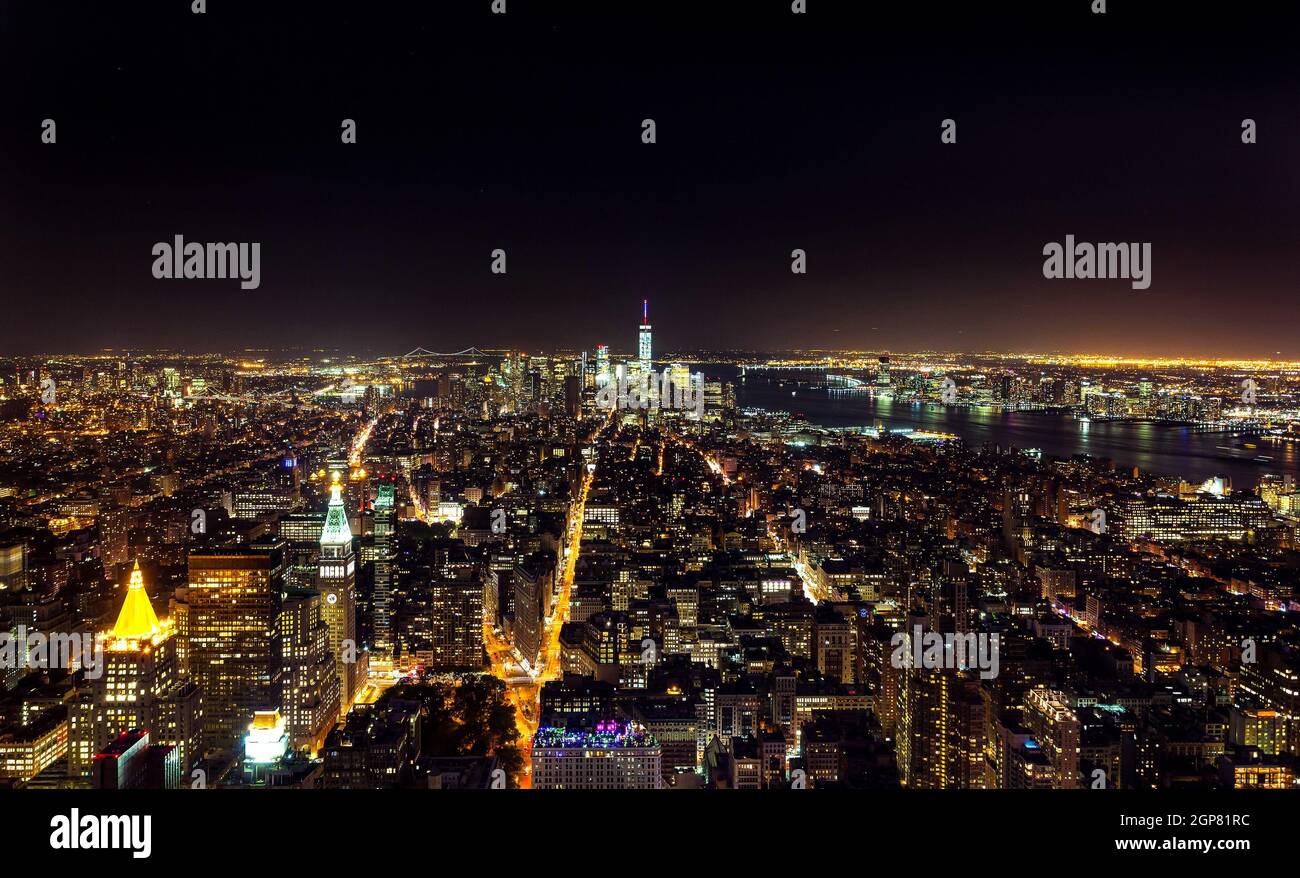 Aerial night view of Manhattan skyline, New York Stock Photo - Alamy