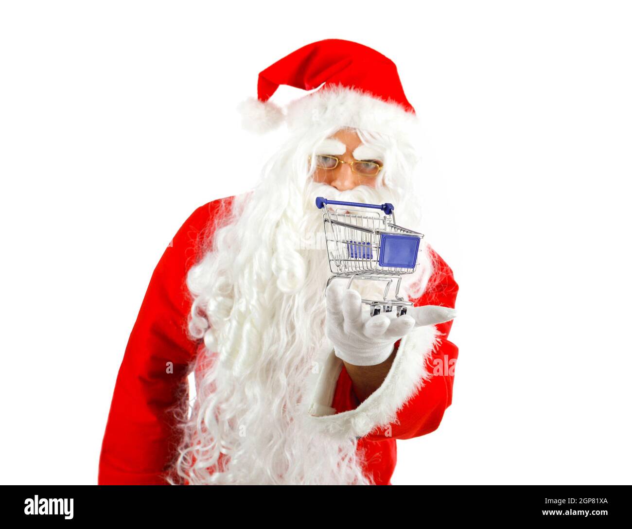 Santa Claus with shopping cart on white background Stock Photo - Alamy