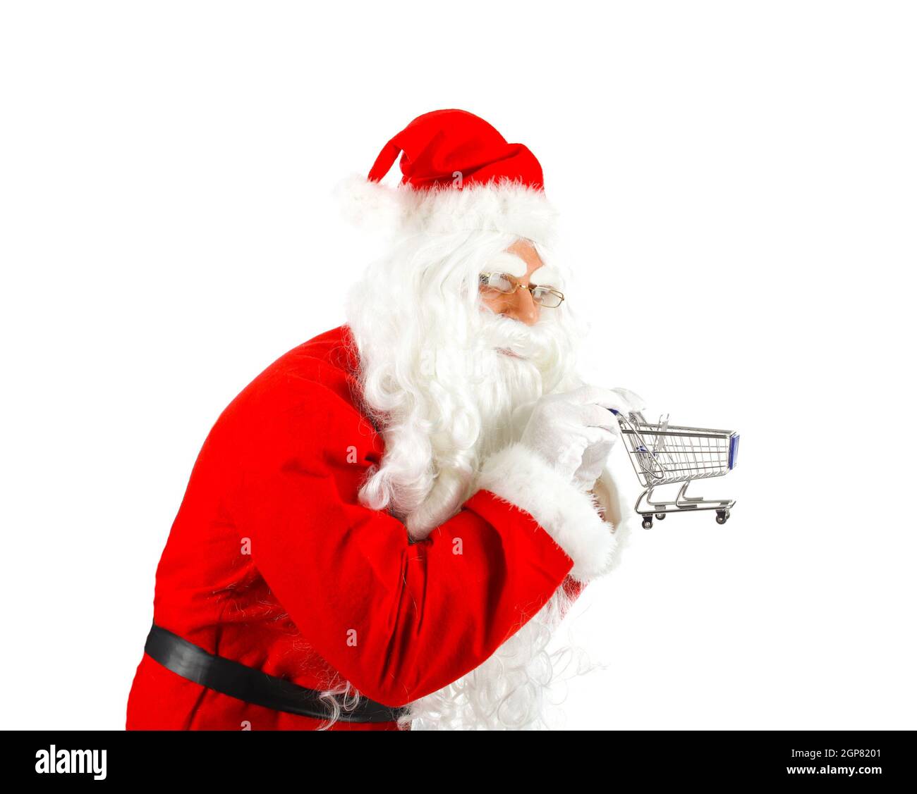 Santa Claus with shopping cart on white background Stock Photo - Alamy