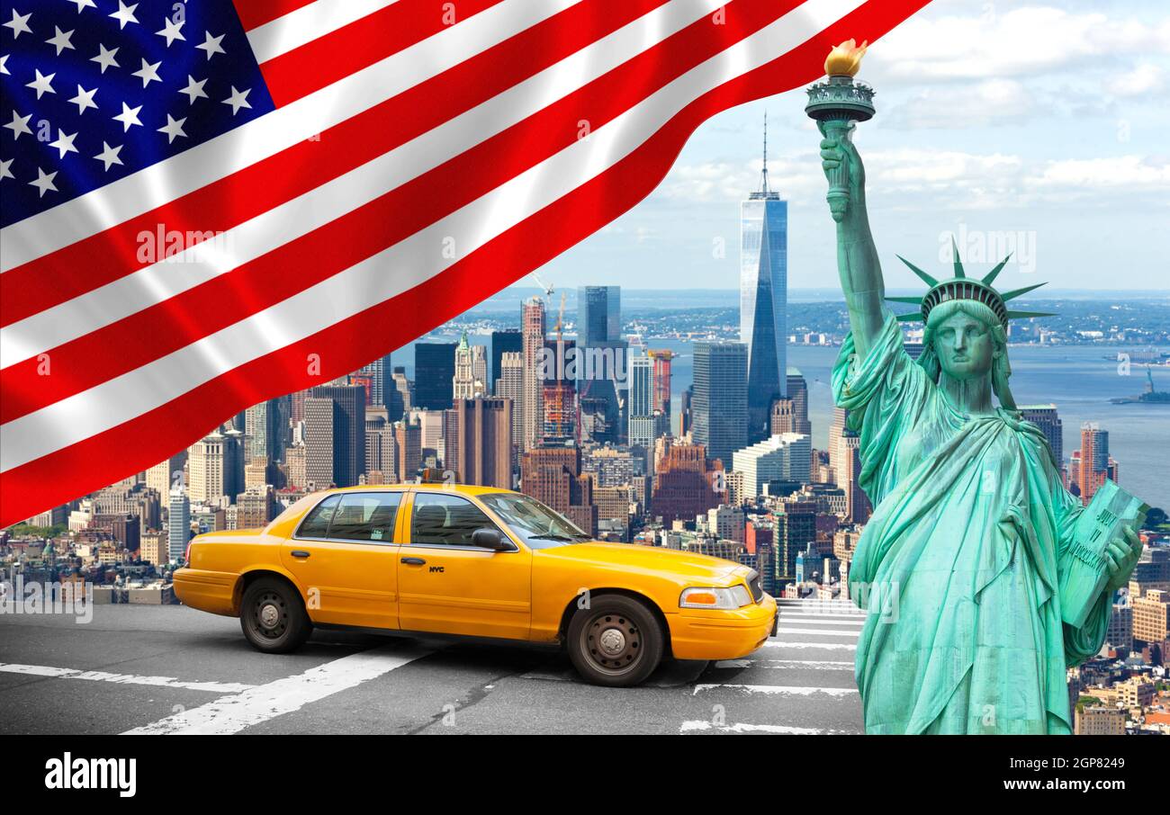 New York City with Liberty Statue ad yellow cab, the big apple, symbol ...