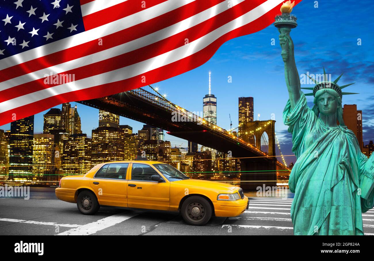 New York City with Liberty Statue ad yellow cab, the big apple, symbol ...