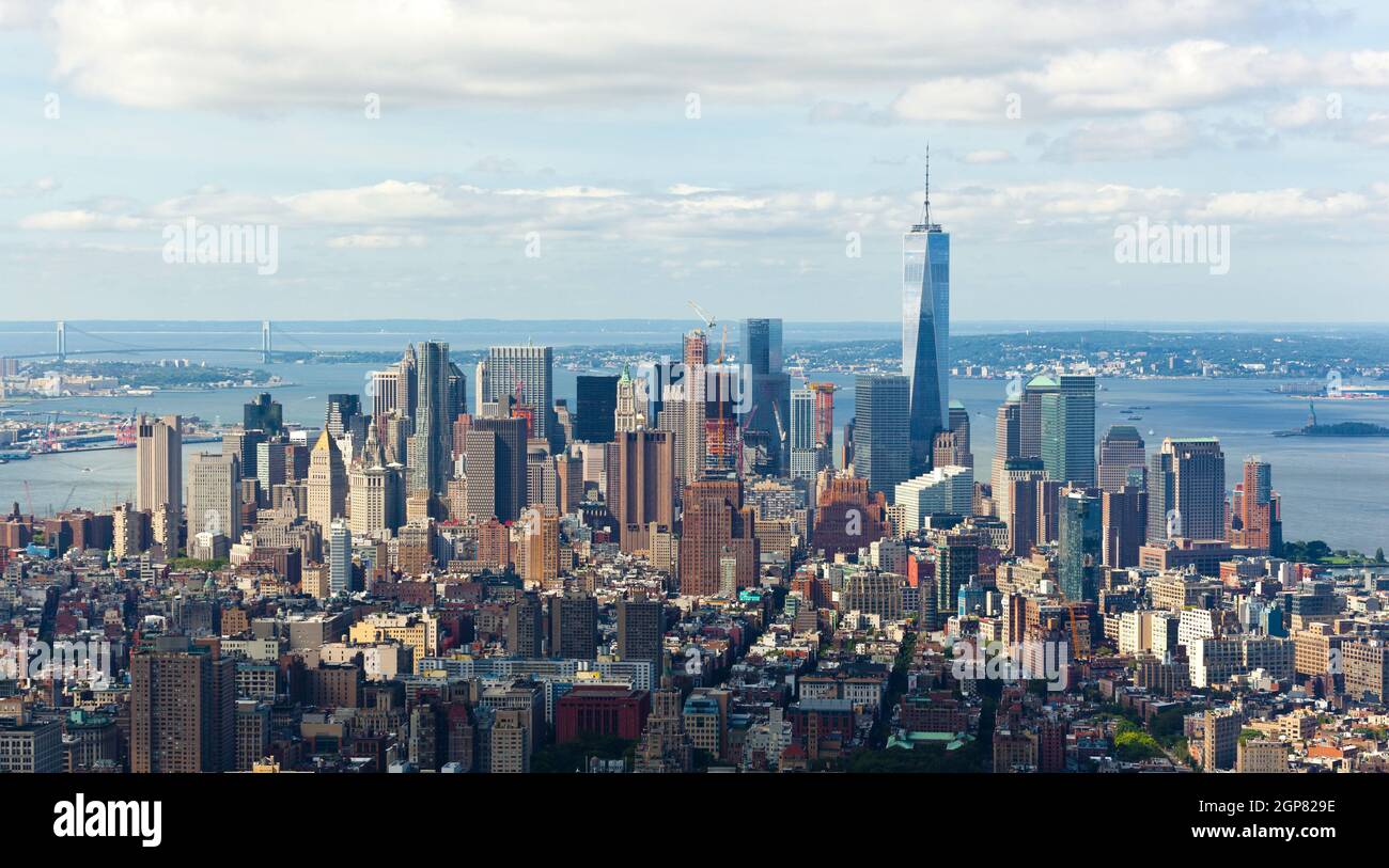 New York City, Cityscape view of Manhattan with skyscrapers and blue ...
