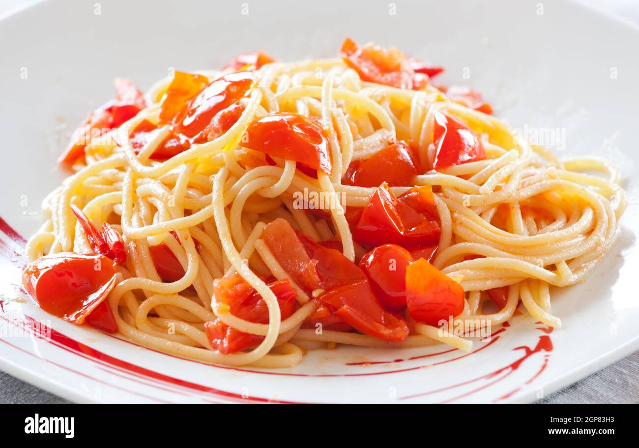 Spaghetti with cherry tomatoes without basil, natural light shooting ...