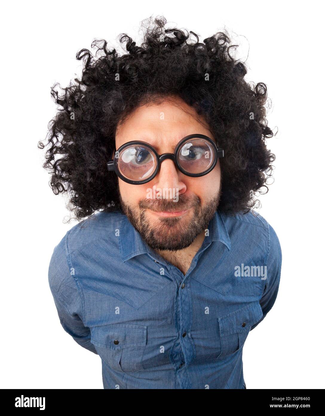Man with crazy expression and puffy hair on white background Stock ...
