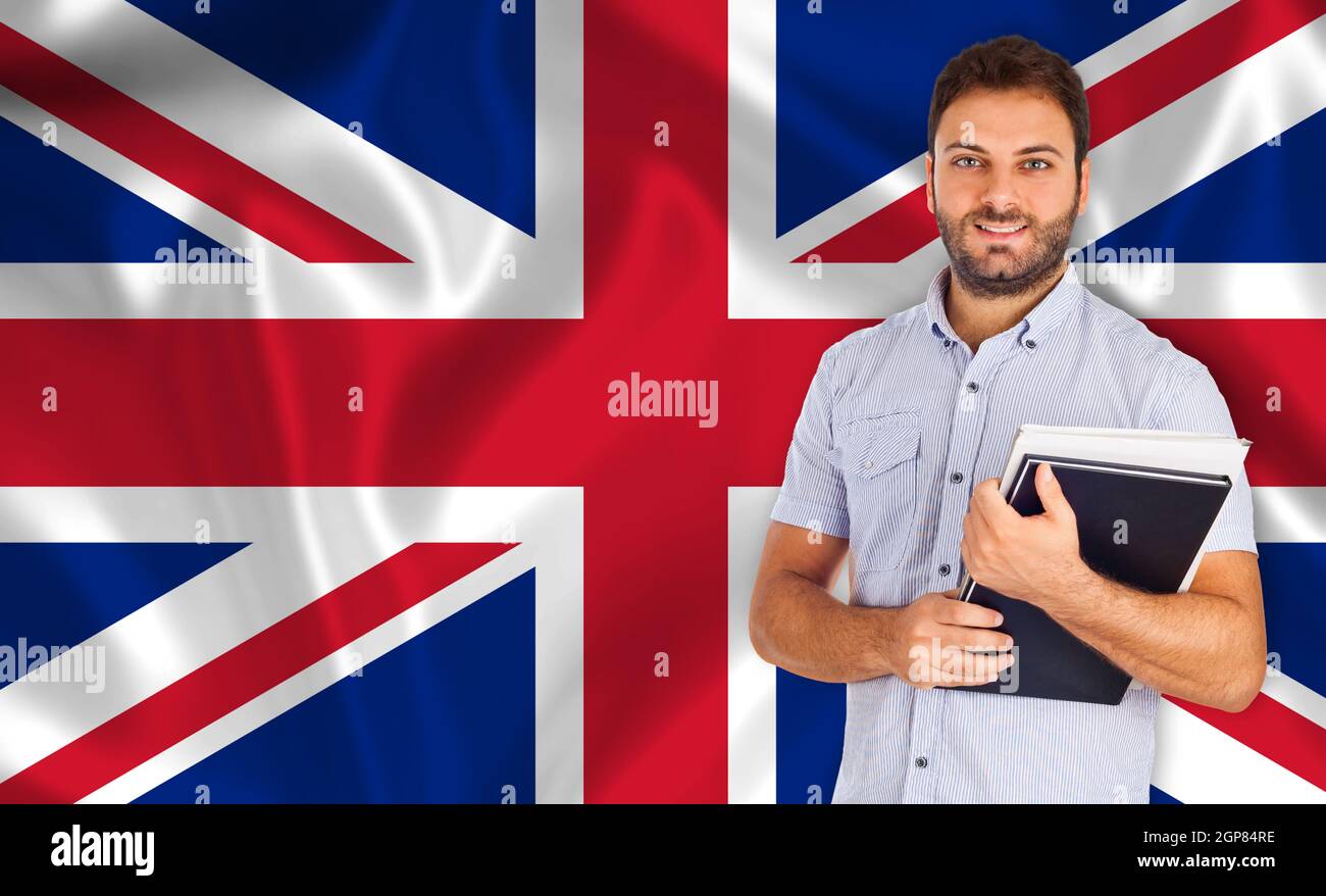 Student smiling over English flag. Concept of lessons and learning of ...