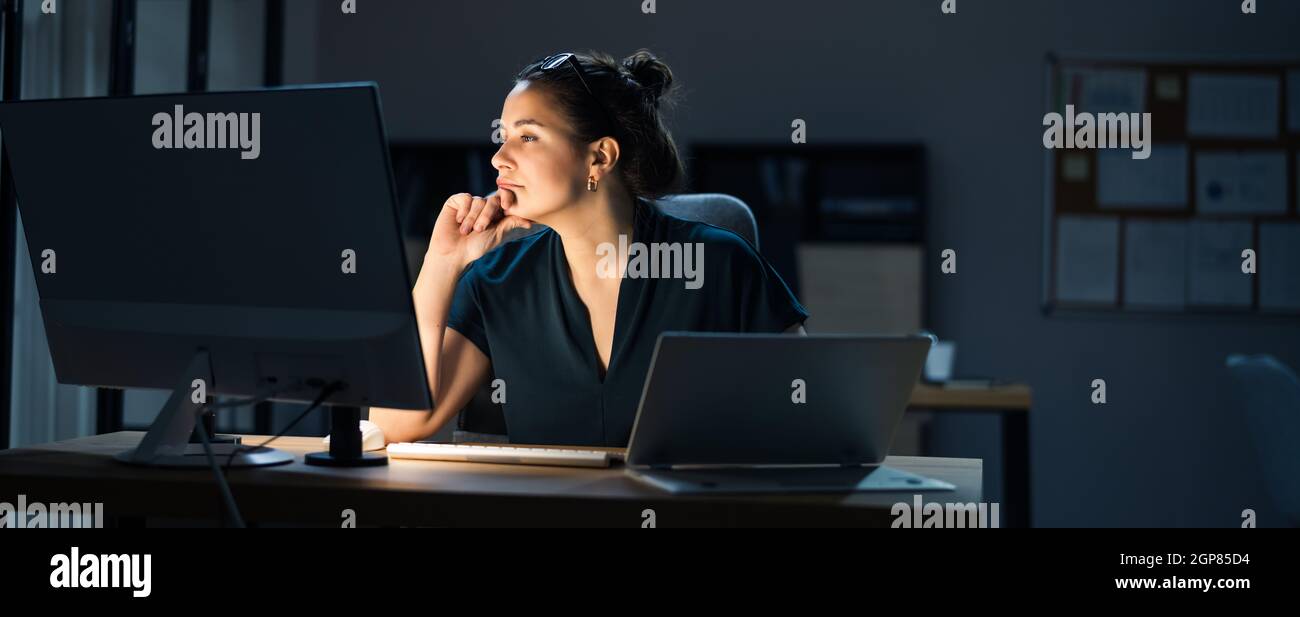 Late Night Workaholic Busy Business Woman At Computer Stock Photo - Alamy