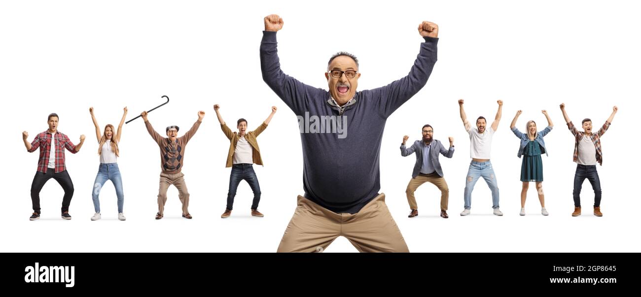 Excited mature man standing in front of people gesturing happiness ...