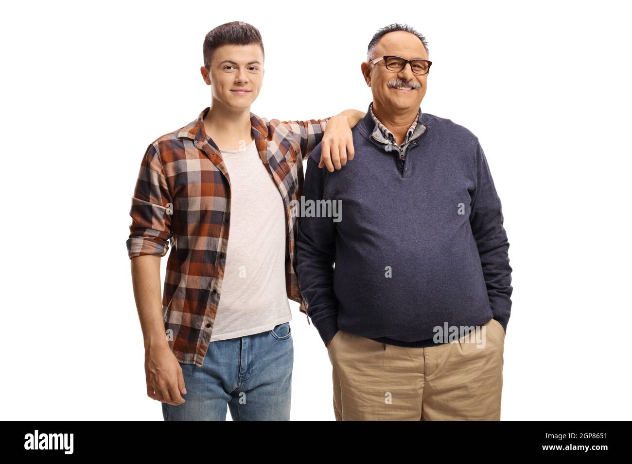 Guy leaning on the shoulder of a mature man isolated on white ...