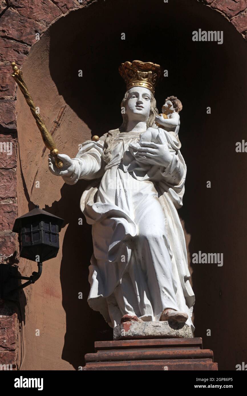Madonna with child Jesus, Statue on the main street of Miltenberg in Lower Franconia, Bavaria ...