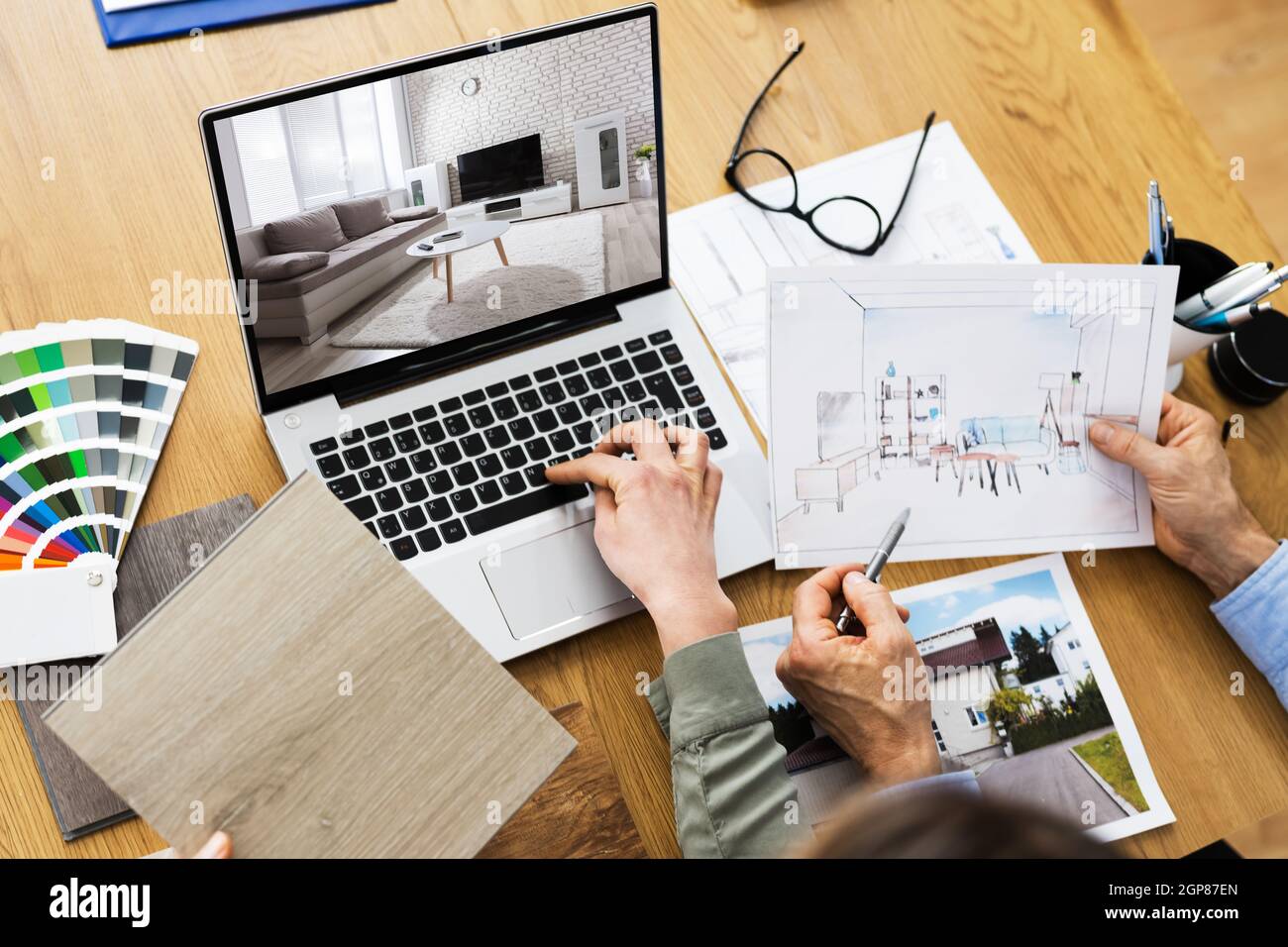 House Designer And Decorators Using Computer For Design Stock Photo - Alamy
