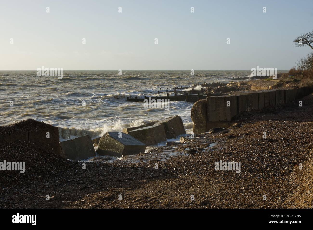 Stormy weather with waves on shingle beach at Climping near ...