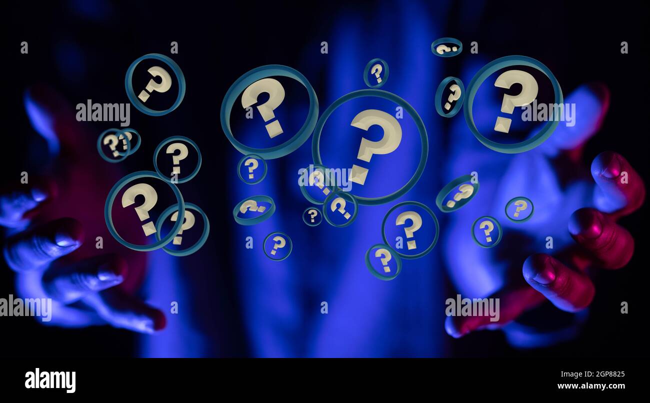 3D rendering with digital question marks in the space Stock Photo - Alamy