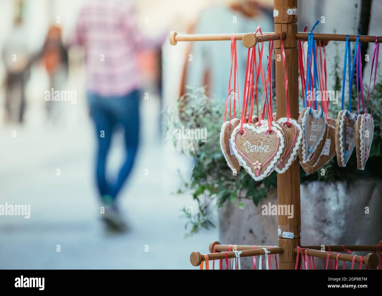 Gingerbread heart with Danke in a pedestrian area, Austria Stock Photo ...