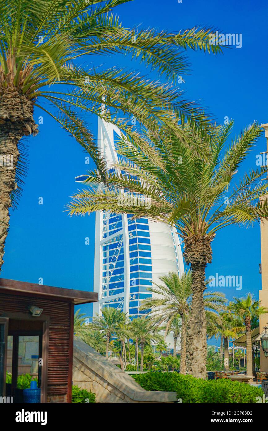 Burj Al Arab and blue sky (UAE · Dubai). Shooting Location: Dubai Stock ...