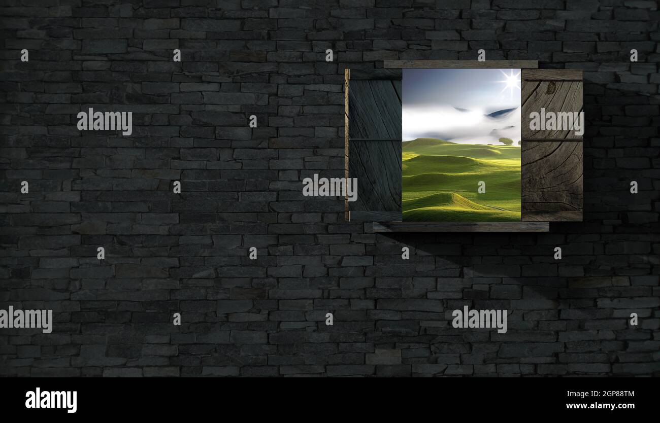 The 3d rendering of window with nice view in brick wall Stock Photo - Alamy