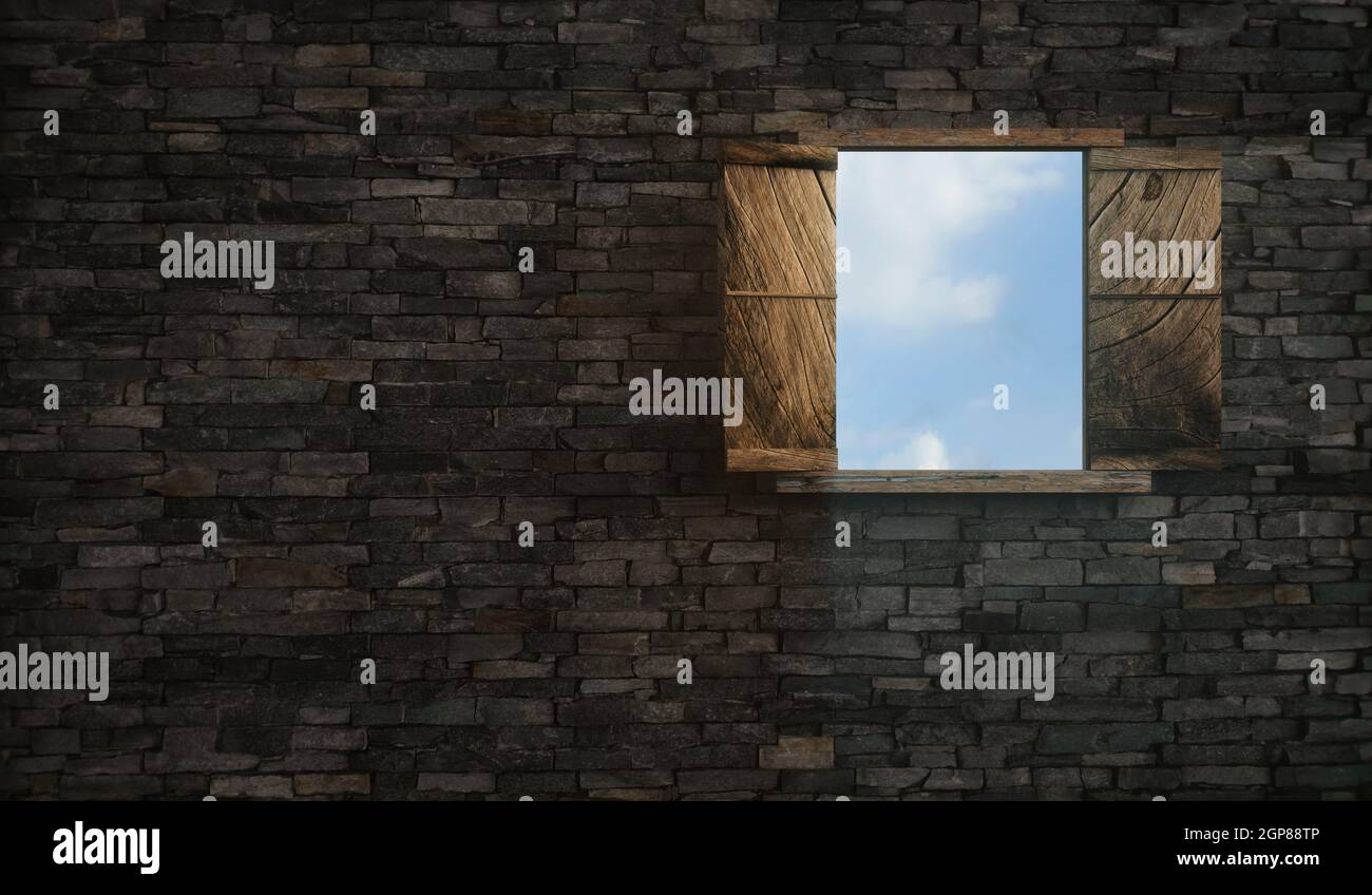 The 3d rendering of window with nice view in brick wall Stock Photo - Alamy