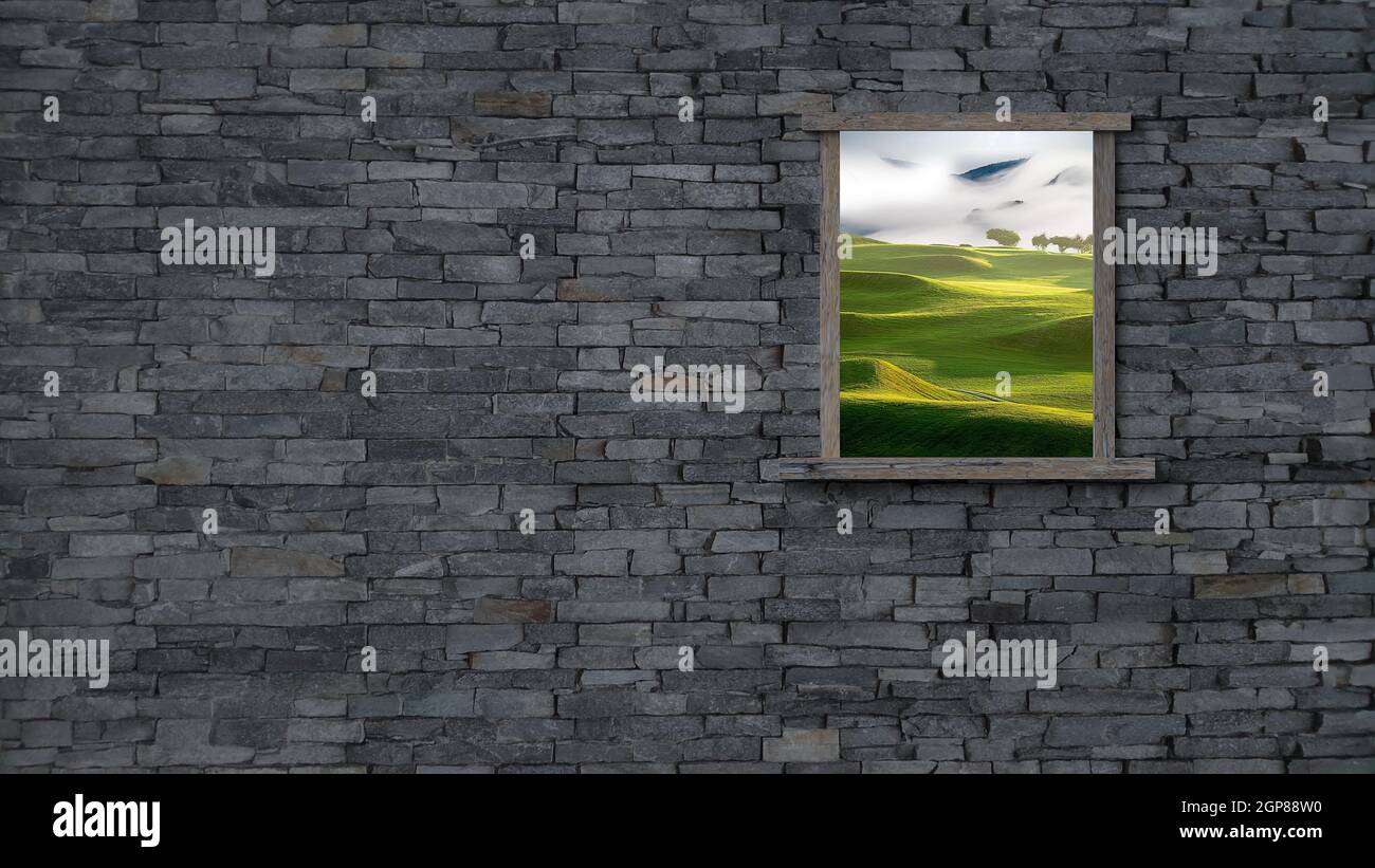 The 3d rendering of window with nice view in brick wall Stock Photo - Alamy