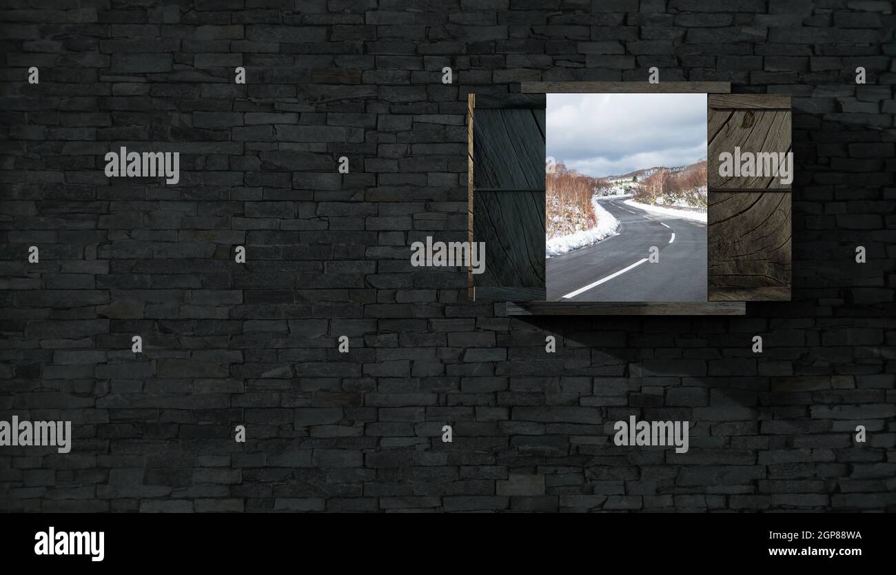 The 3d rendering of window with nice view in brick wall Stock Photo - Alamy