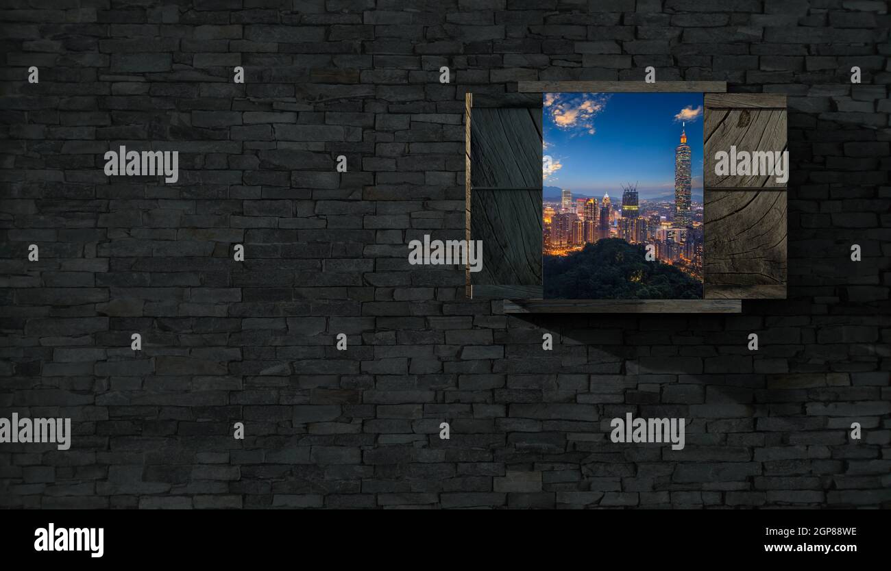 The 3d rendering of window with nice view in brick wall Stock Photo - Alamy