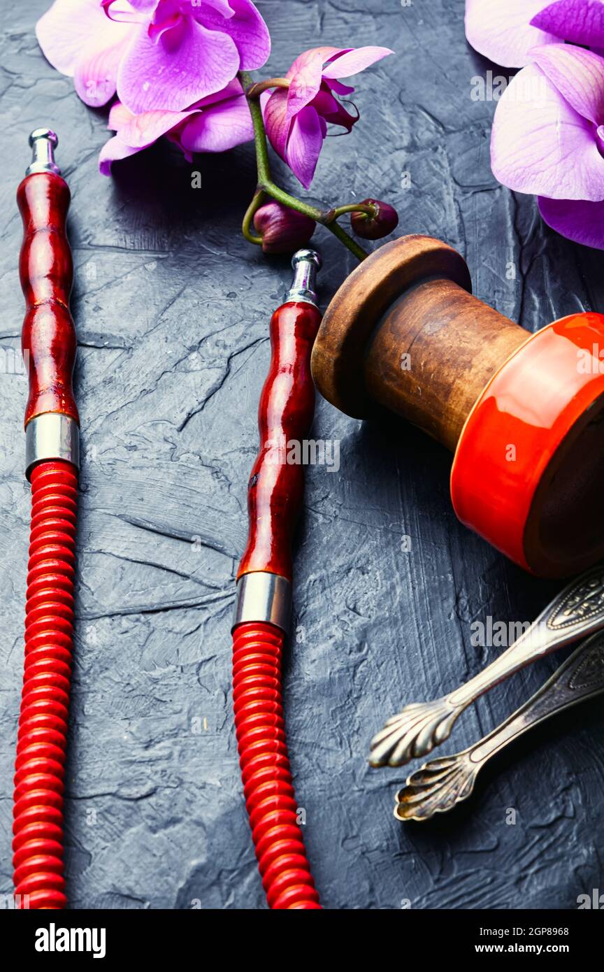 Hookah mouthpiece and hookah cup on pink orchid background.Kalian on ...