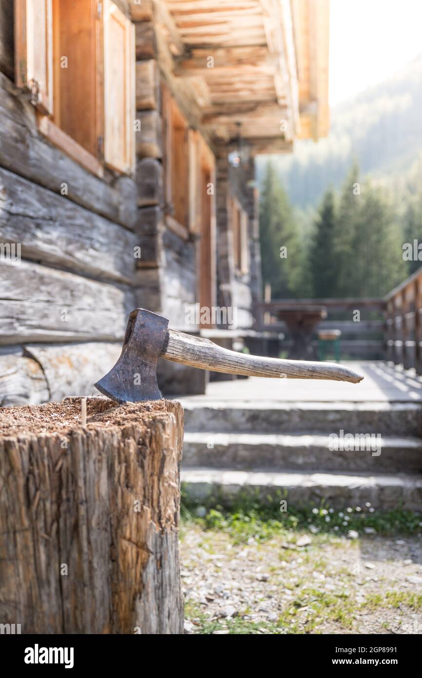 Old axe attached to a tree trunk, alpine hut Stock Photo - Alamy