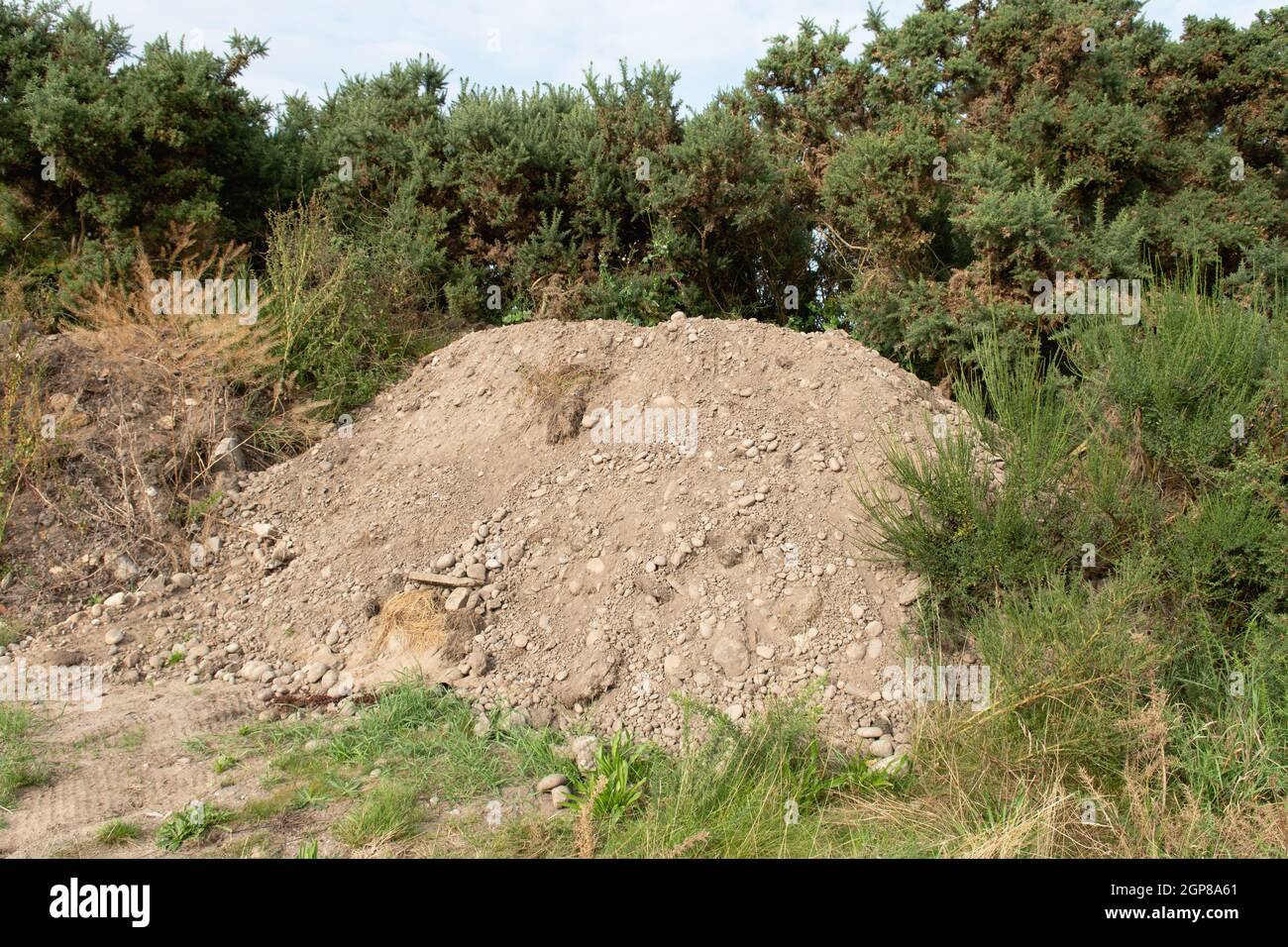 Pile soil or dirt in nature. Hedges around soil. Ground, construction ...