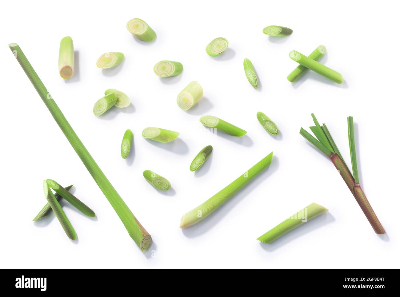 Lemongrass (Cymbopogon citratus), cut stems isolated on whie, top view ...