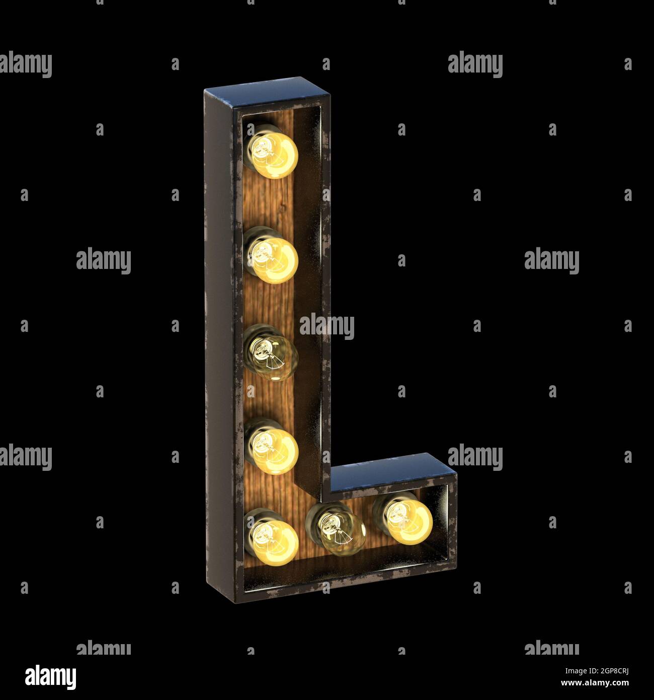 Light bulbs font Letter L 3D render illustration isolated on black ...