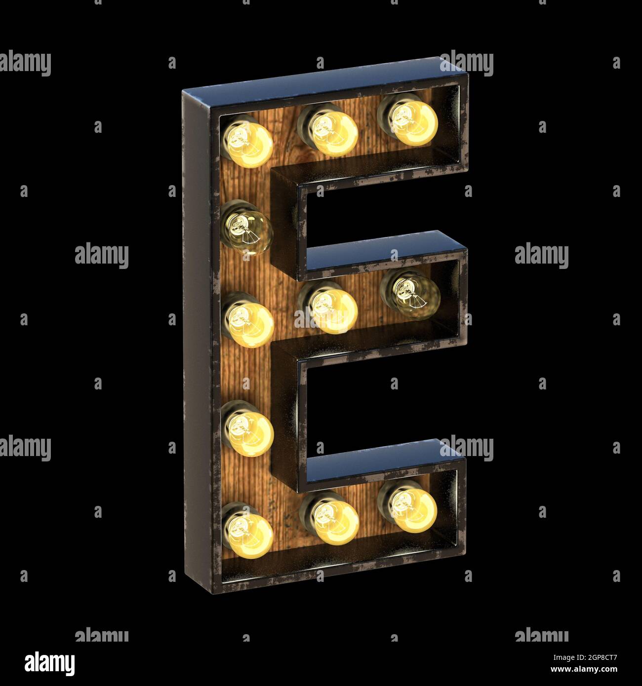 Light bulbs font Letter E 3D render illustration isolated on black ...