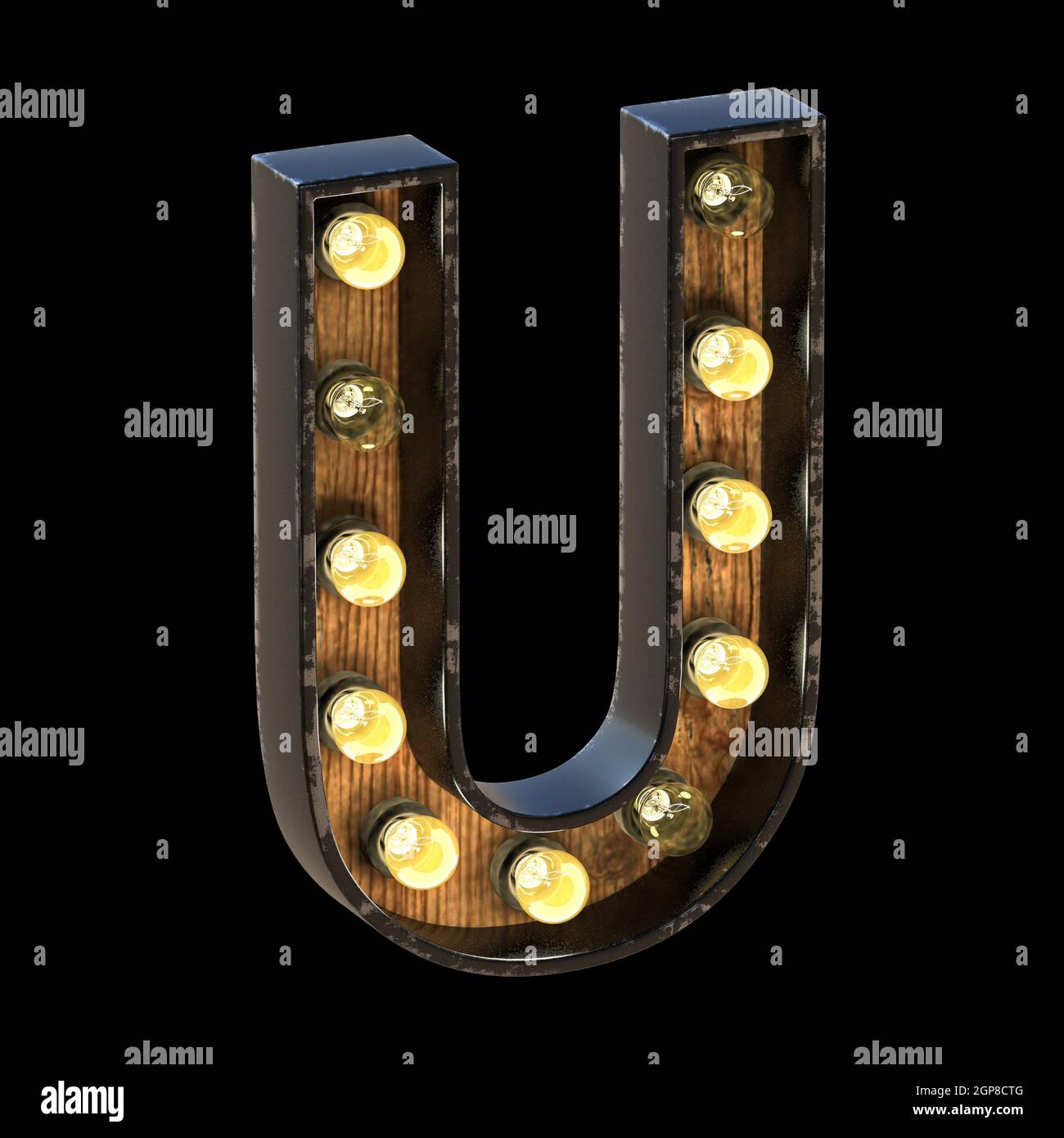 Light bulbs font Letter U 3D render illustration isolated on black ...