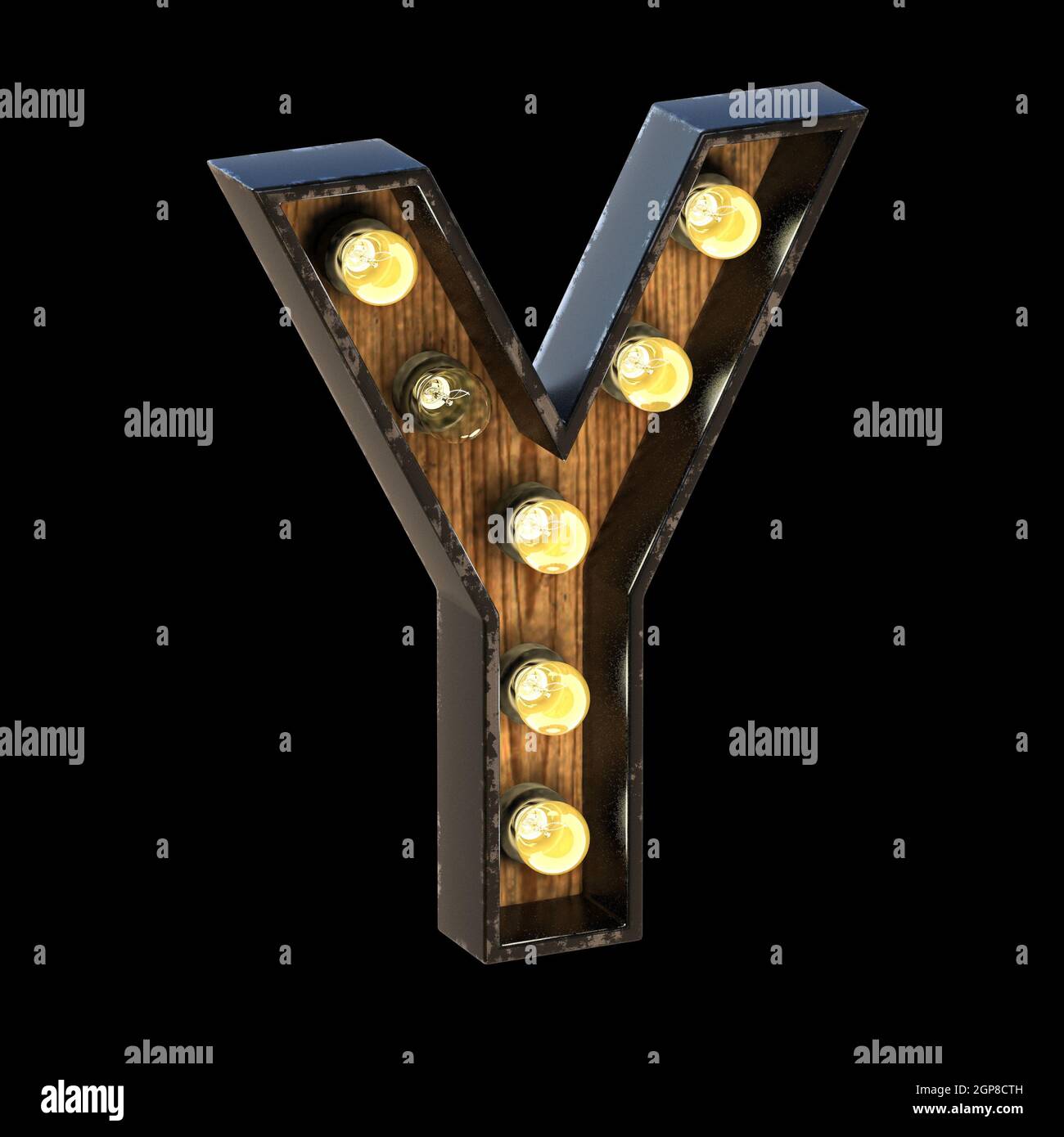 Light bulbs font Letter Y 3D render illustration isolated on black ...