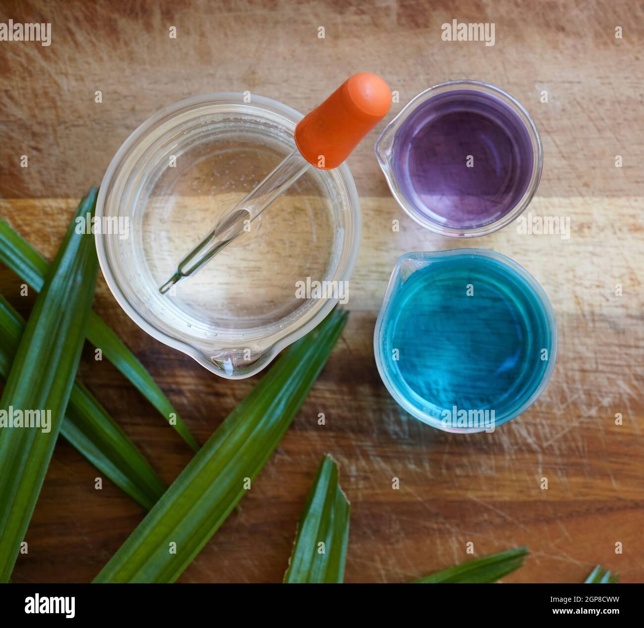 Chemicals for beauty care on wooden background (Top View). Potassium ...
