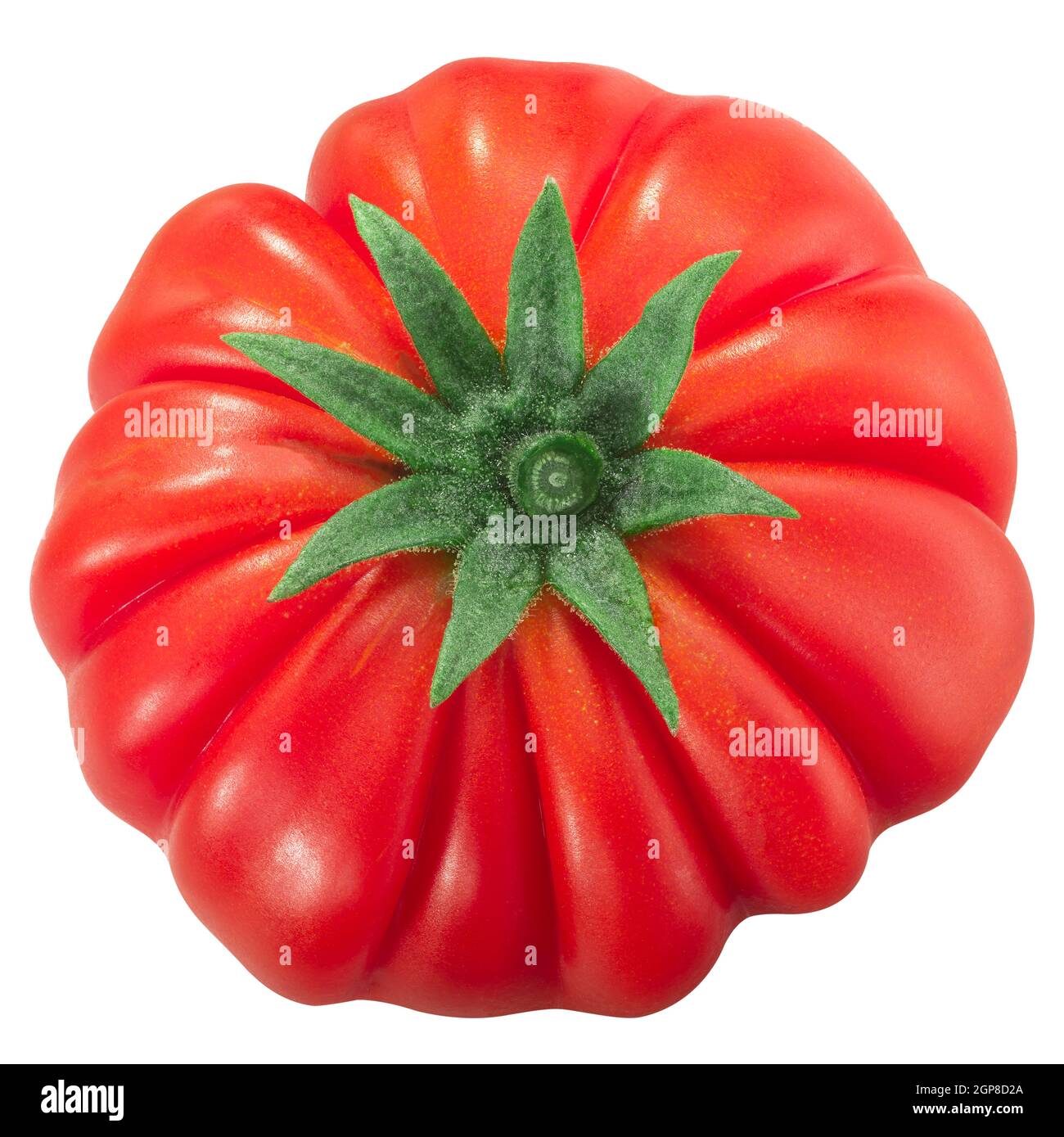 Heirloom ribbed tomato w/ sepal, isolated, top view Stock Photo - Alamy