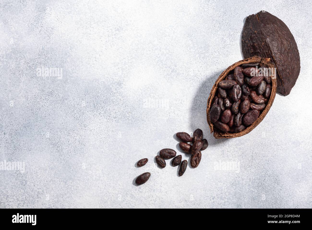 Split fermented cocoa pod with shelled cacao beans atop light grey ...