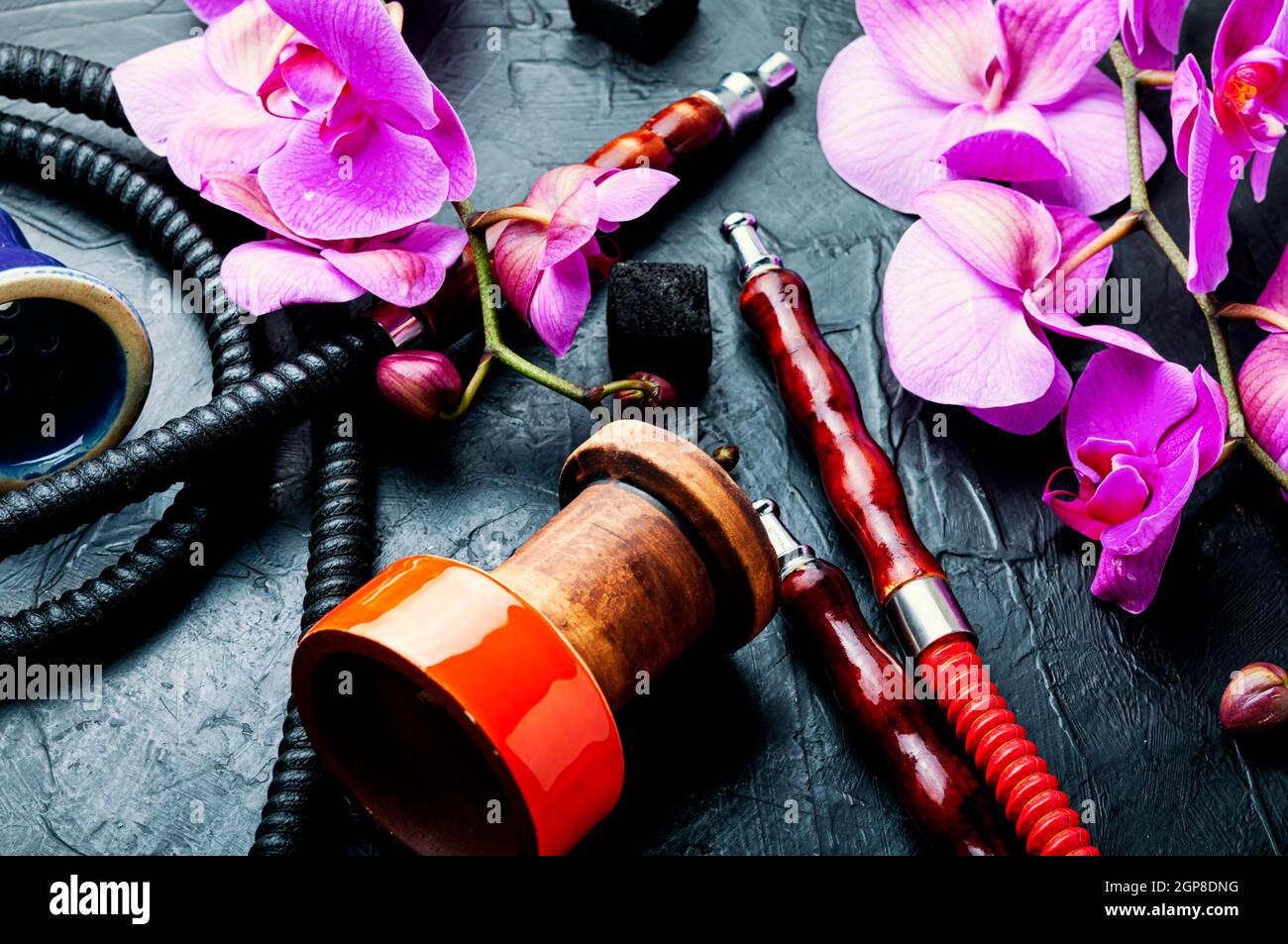 Modern smoking shisha with hookah tobacco with orchid aroma Stock Photo ...