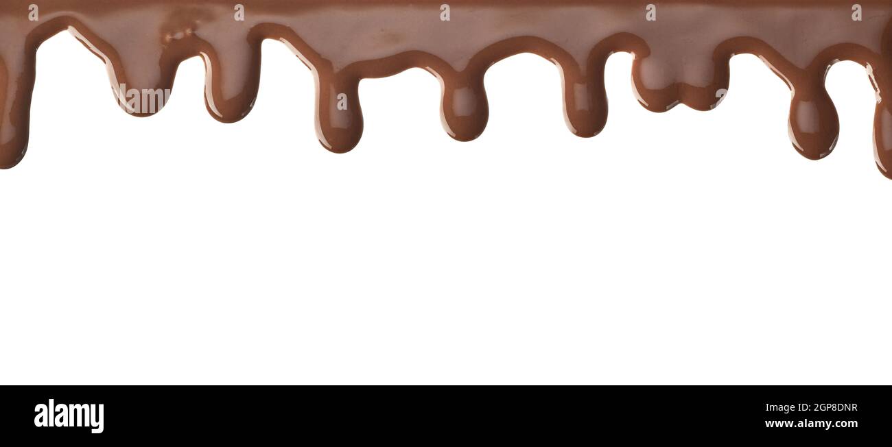 Strip of liquid milk chocolate dripping from the top on white ...