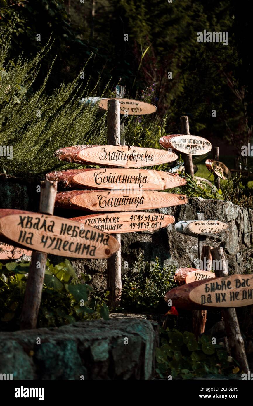 Signs of different plant names and quotes in Cyrillic Stock Photo - Alamy