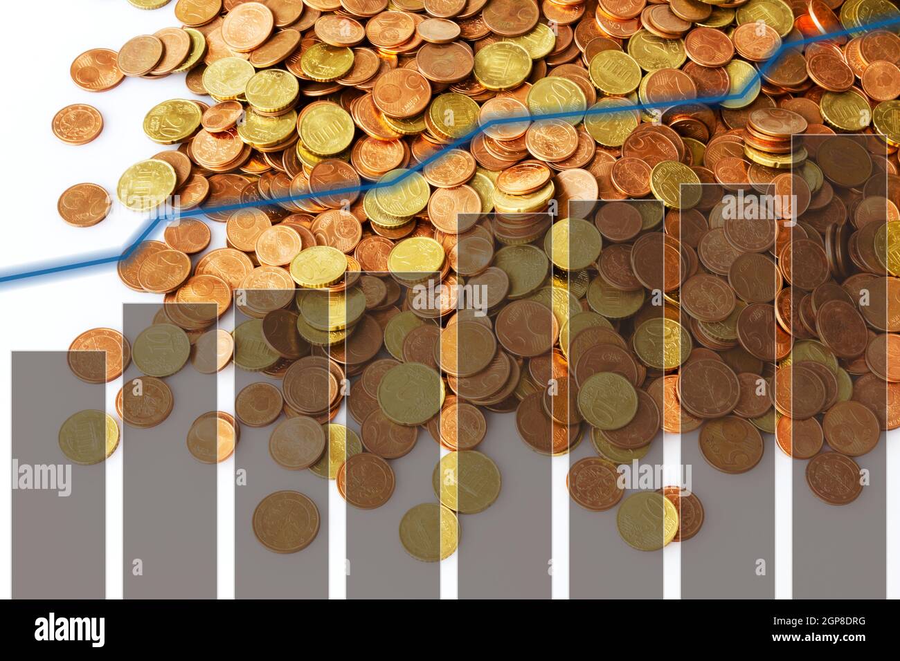 A mountain of euro cents with history chart and bar graph. For ...