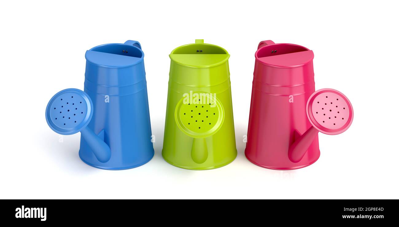 Three colorful watering cans on white background Stock Photo - Alamy