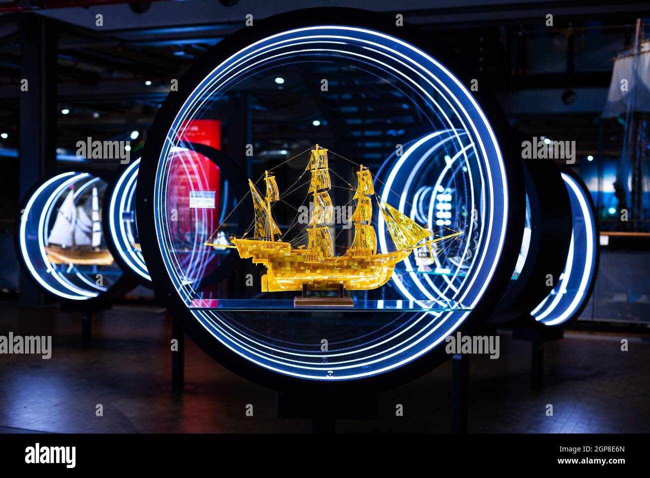 Art exhibition of ship models in glass circles in the museum Stock ...