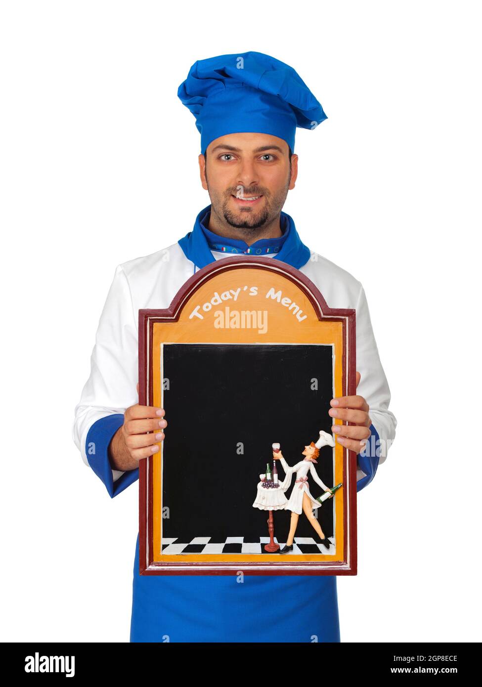 Handsome chef with menu isolated on white background Stock Photo - Alamy