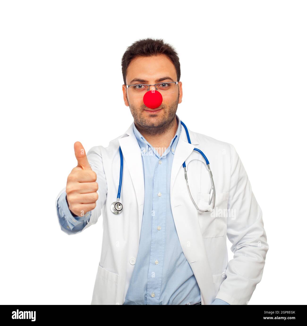 Patch adams concept with young doctor isolated on white background ...