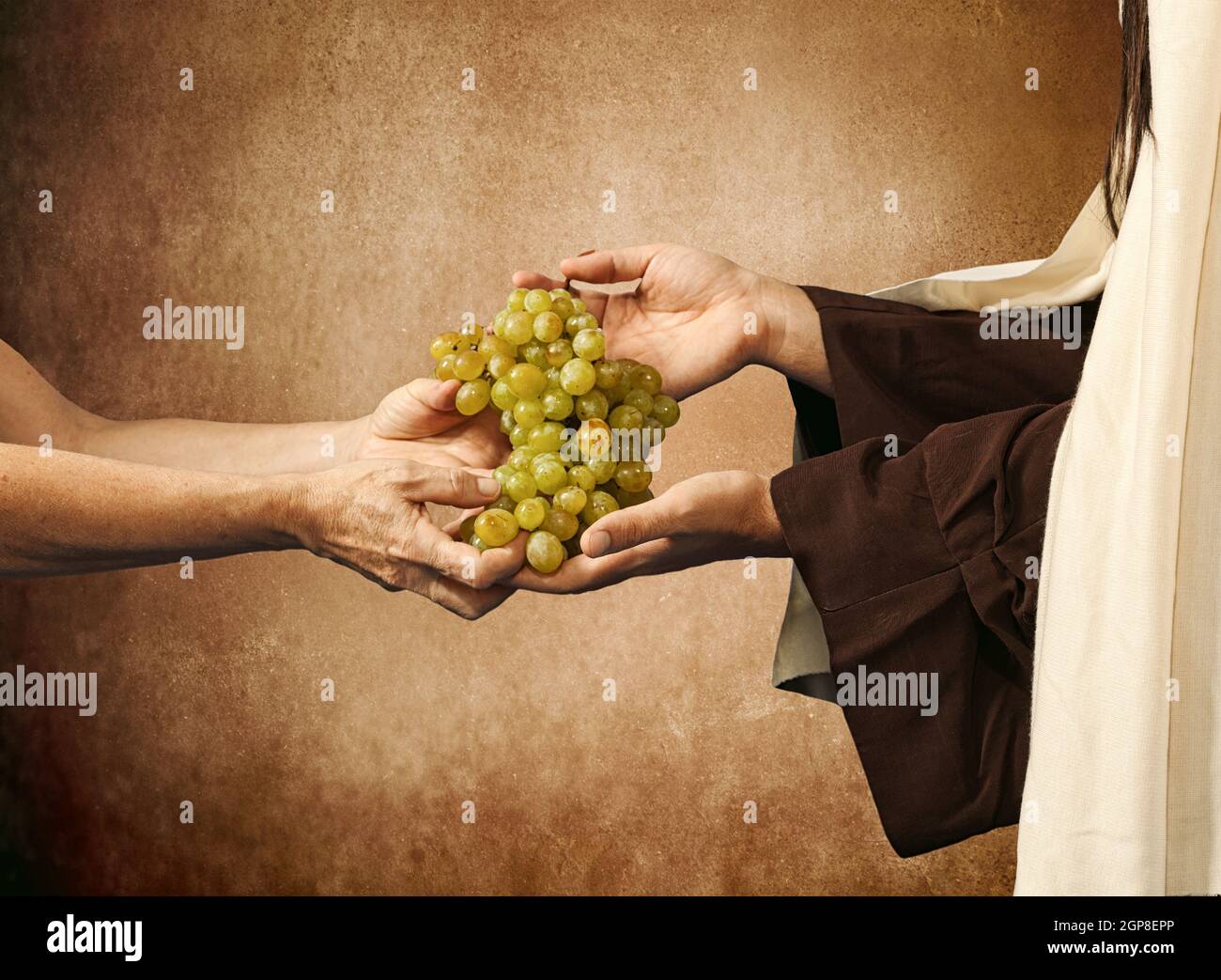 Jesus gives grapes to a beggar on beige background Stock Photo - Alamy