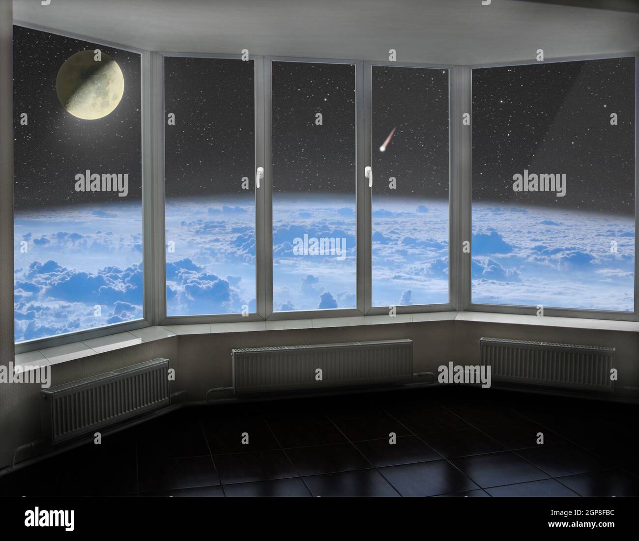 Room window with view to space above Earth's atmosphere Moon comet and ...