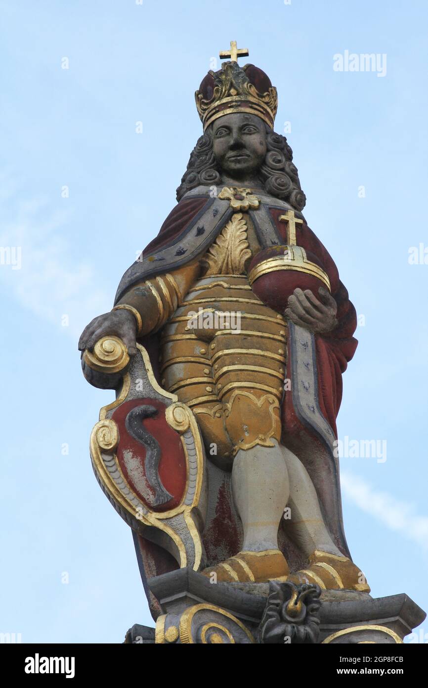 Statue depicting Joseph I at the market fountain in Aalen, Germany ...