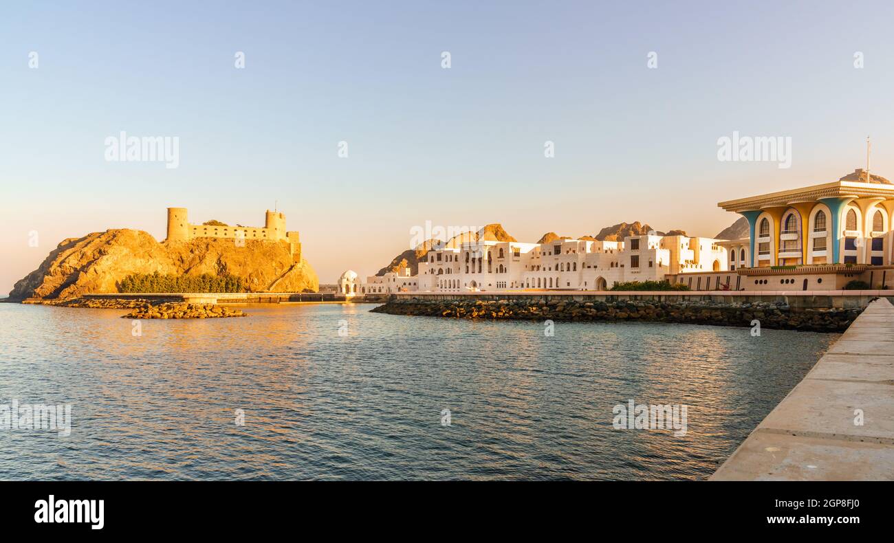 View of Al Alam Royal Palace and Al Jalali Fort in Muscat, Oman Stock ...